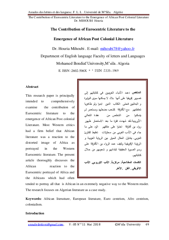 (PDF) The Contribution Of Eurocentric Literature To The Emergence Of ...