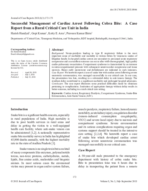 (PDF) Successful Management of Cardiac Arrest Following Cobra Bite: A ...