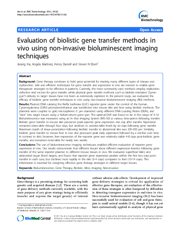 (PDF) Evaluation of biolistic gene transfer methods in vivo using non-invasive bioluminescent ...
