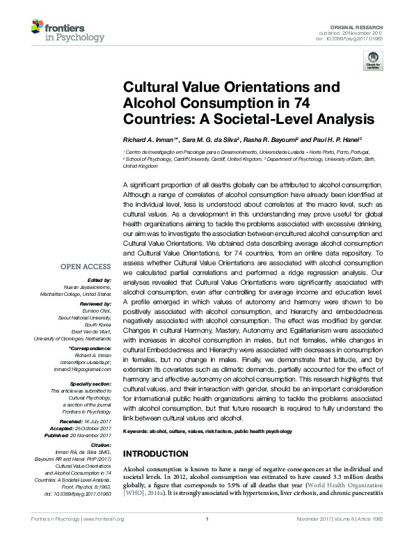 (PDF) Cultural Value Orientations and Alcohol Consumption in 74 ...