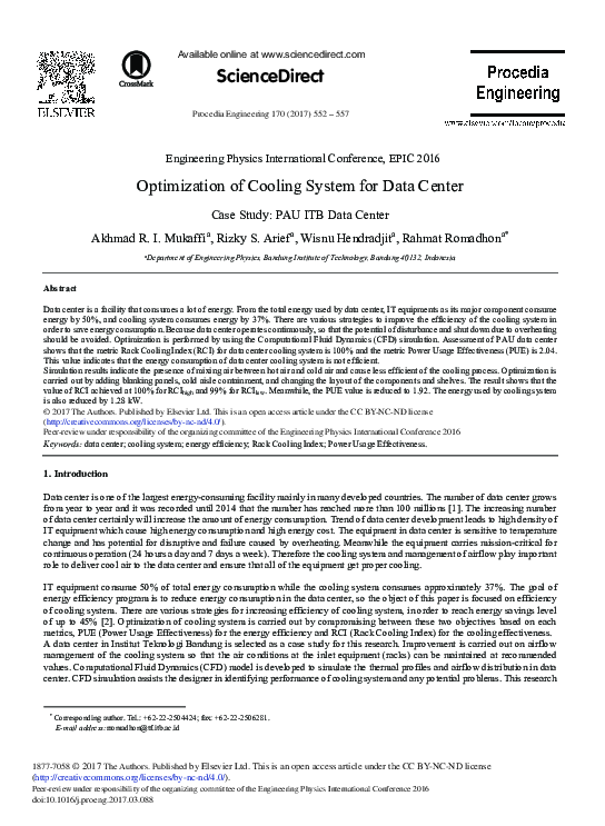 (PDF) Optimization of Cooling System for Data Center Case Study: PAU ITB Data Center