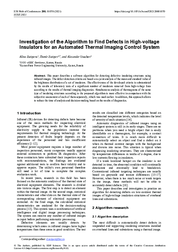 (PDF) Investigation of the Algorithm to Find Defects in High-voltage Insulators for an Automated ...