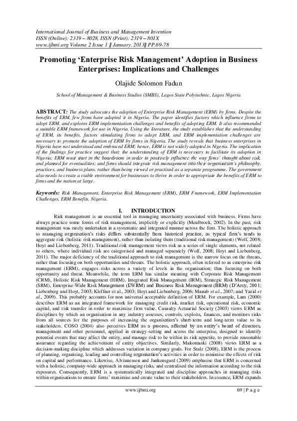(PDF) Promoting 'Enterprise Risk Management' Adoption in Business ...