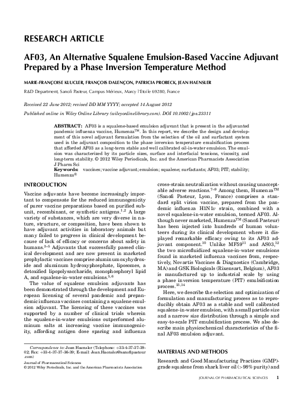 (PDF) AF03, An Alternative Squalene Emulsion‐Based Vaccine Adjuvant ...