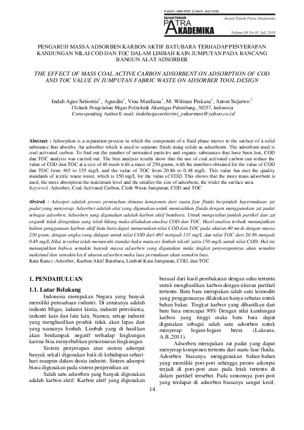 (PDF) P Pengaruh Massa Adsorben Karbon Aktif Batubara Terhadap Penyerapan Kandungan Nilai Cod ...