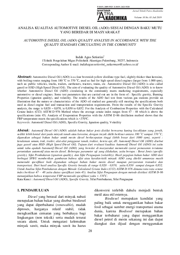 (PDF) A Analisa Kualitas Automotive Diesel Oil (Ado) Sesuai Dengan Baku ...