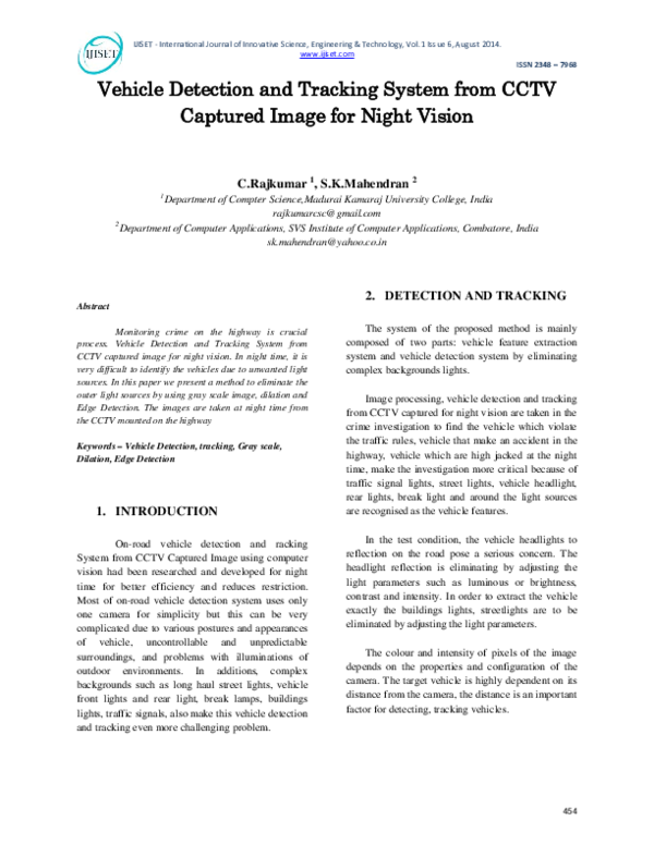 (PDF) Vehicle Detection and Tracking System from CCTV Captured Image for Night Vision