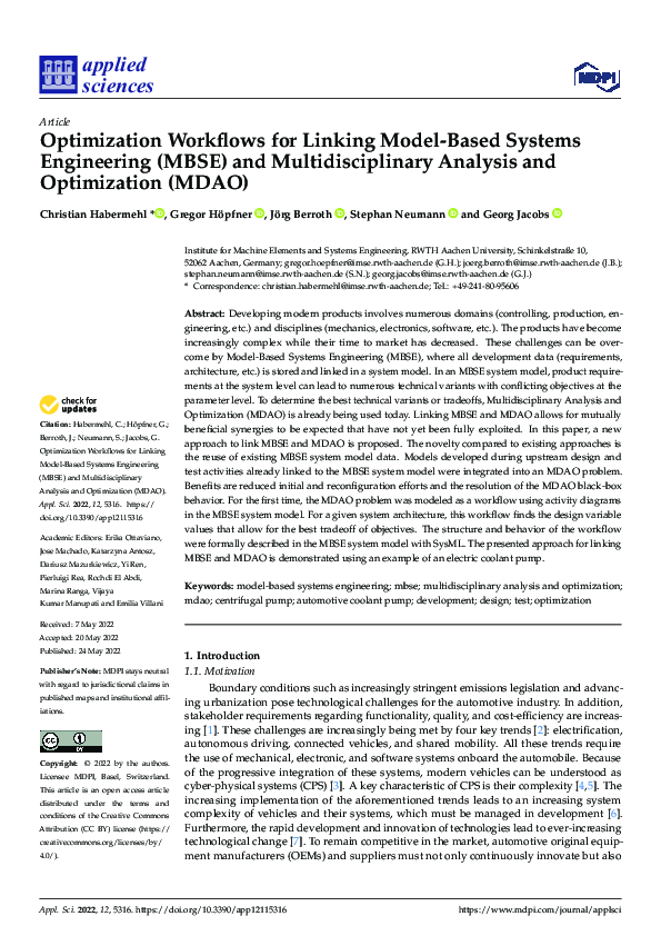 (PDF) Optimization Workflows for Linking Model-Based Systems Engineering (MBSE) and ...