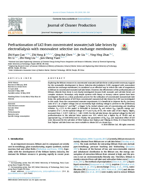 (PDF) Prefractionation of LiCl from concentrated seawater/salt lake ...