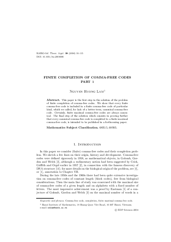 (PDF) Finite Completion of comma-free codes Part 1