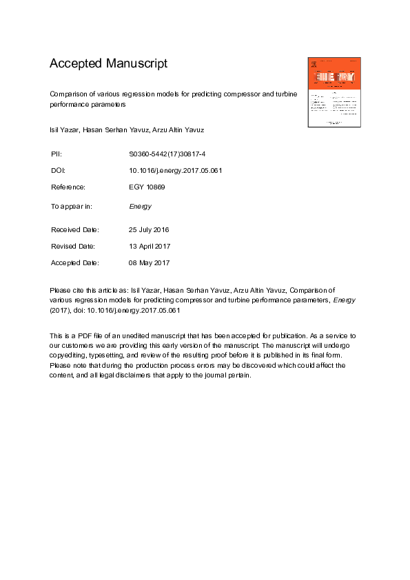 Pdf Comparison Of Various Regression Models For Predicting Compressor And Turbine Performance