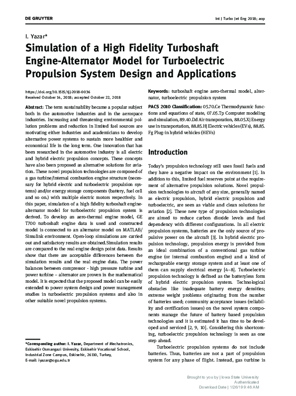 (PDF) Simulation of a High Fidelity Turboshaft Engine-Alternator Model ...