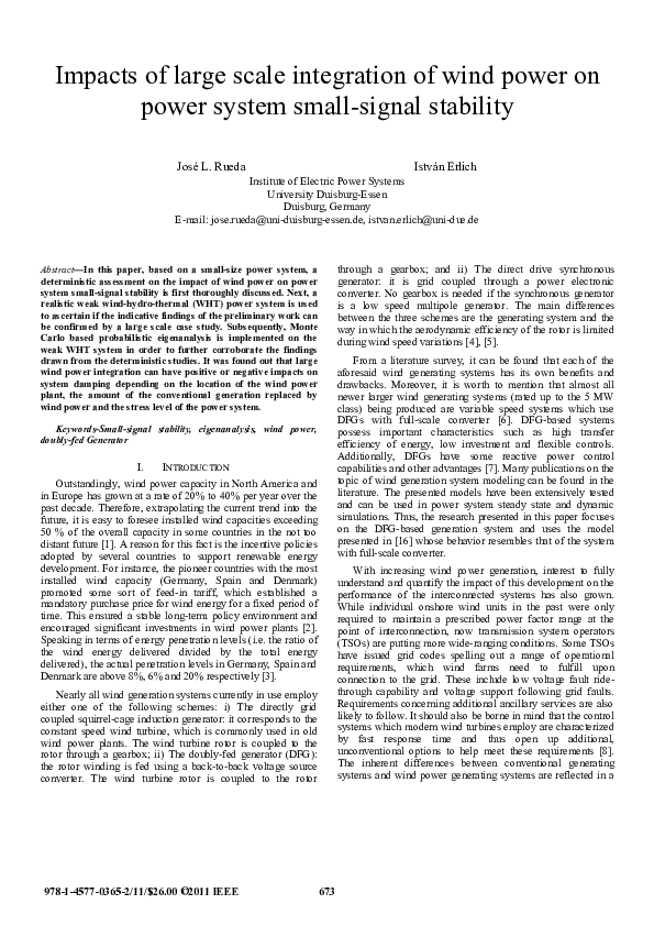 (PDF) Impacts of large scale integration of wind power on power system small-signal stability ...