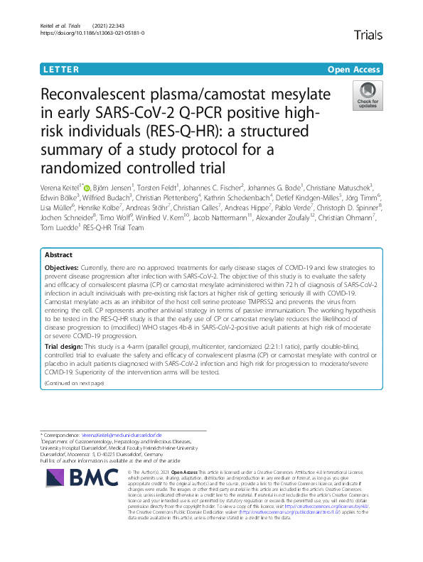 (PDF) Reconvalescent plasma/camostat mesylate in early SARS-CoV-2 Q-PCR ...