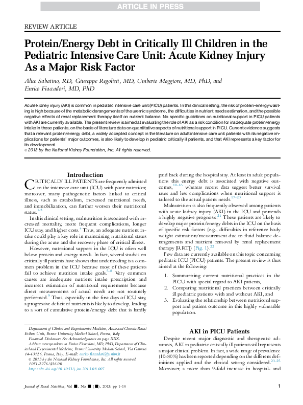 (PDF) Protein/Energy Debt in Critically Ill Children in the Pediatric ...