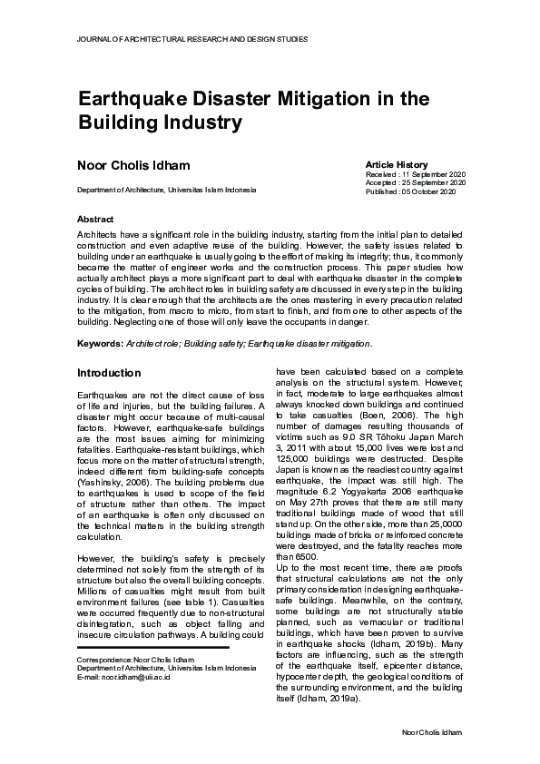 (PDF) Earthquake Disaster Mitigation in the Building Industry