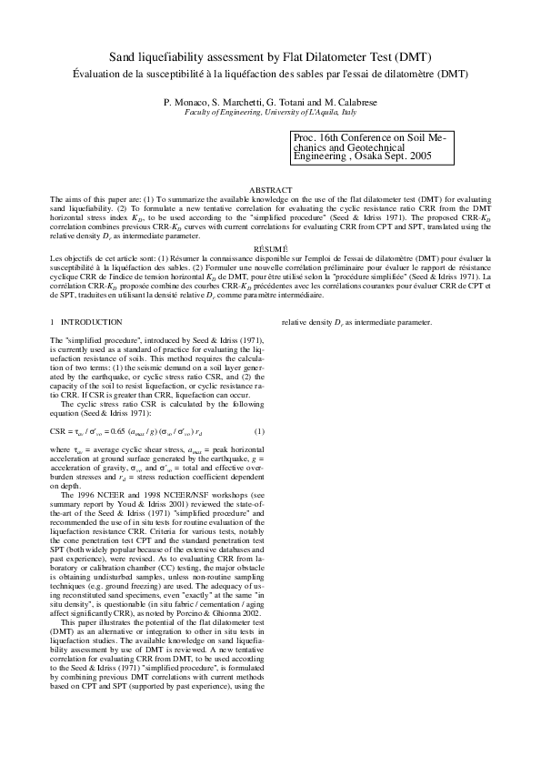 (PDF) Sand liquefiability assessment by flat dilatometer test (DMT)