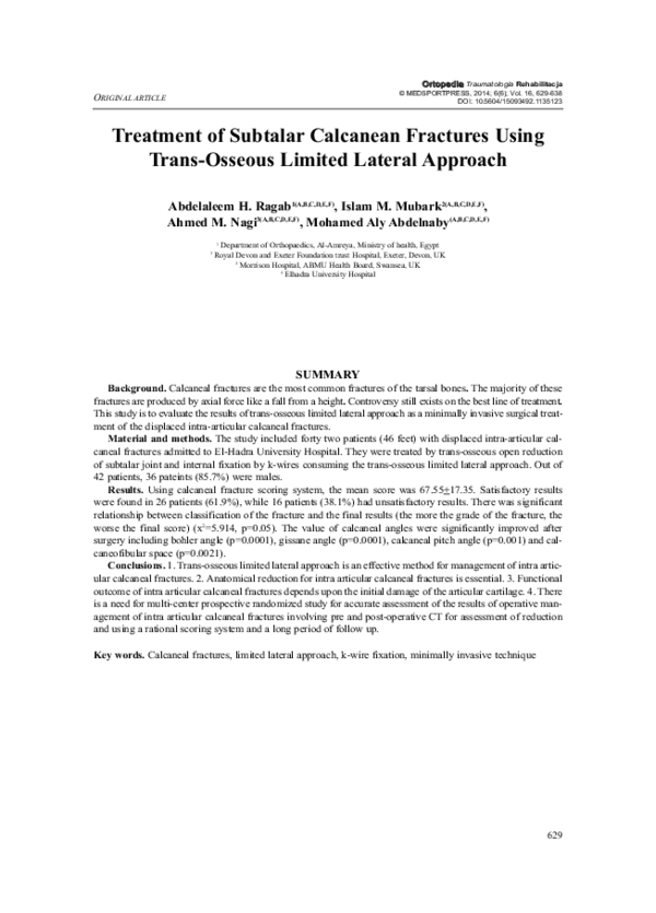 (PDF) Treatment of Subtalar Calcanean Fractures Using Trans-Osseous ...
