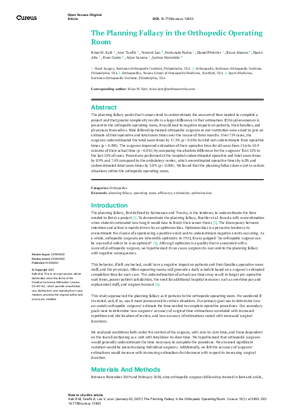 (PDF) The Planning Fallacy in the Orthopedic Operating Room