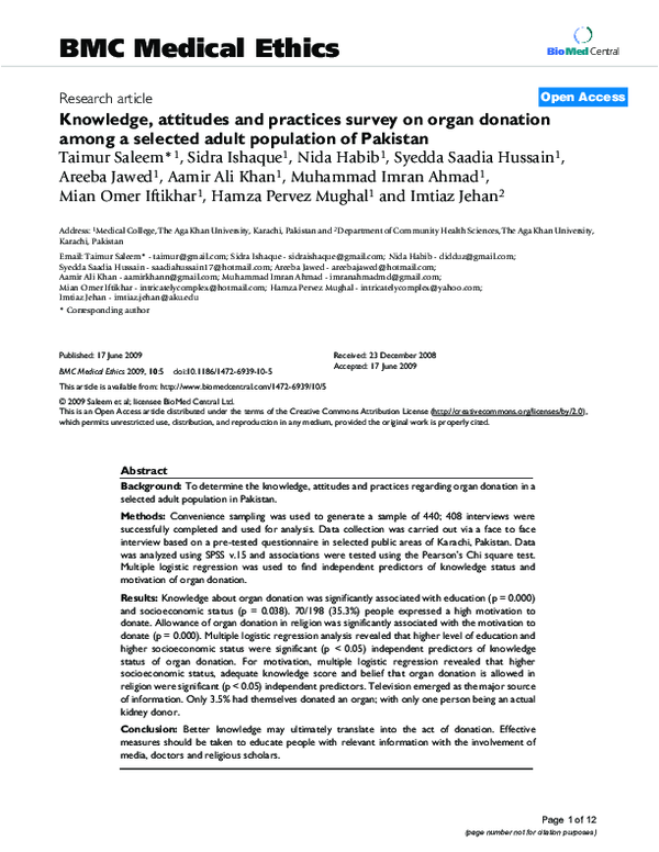 (PDF) Knowledge, attitudes and practices survey on organ donation among a selected adult ...
