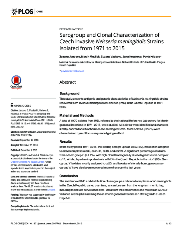 (PDF) Serogroup and Clonal Characterization of Czech Invasive Neisseria ...