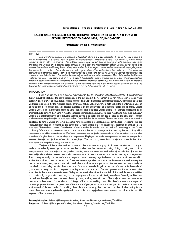 (PDF) LABOUR WELFARE MEASURES AND ITS IMPACT ON JOB SATISFACTION: A ...