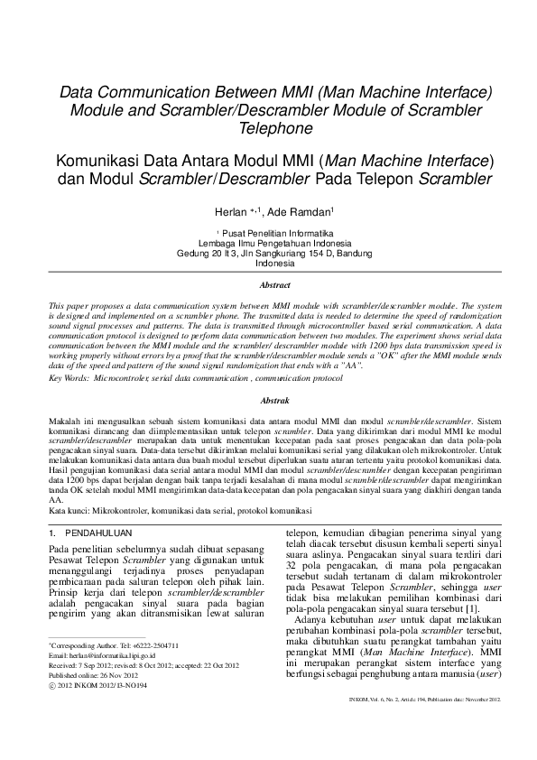Komunikasi Data Antara Modul MMI (Man Machine Interface) dan Modul Scrambler/Descrambler pada ...