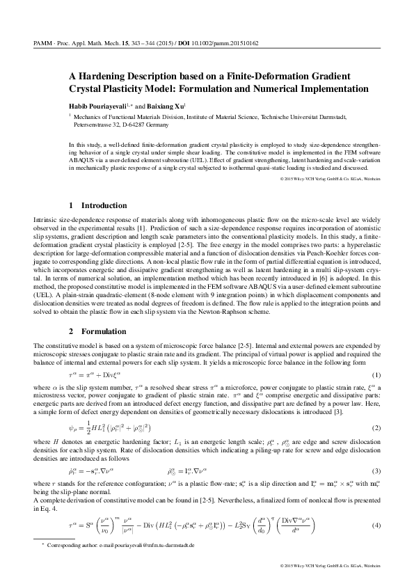 (PDF) A Hardening Description based on a Finite-Deformation Gradient Crystal Plasticity Model ...