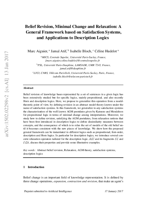 (PDF) Belief revision, minimal change and relaxation: A general framework based on satisfaction ...