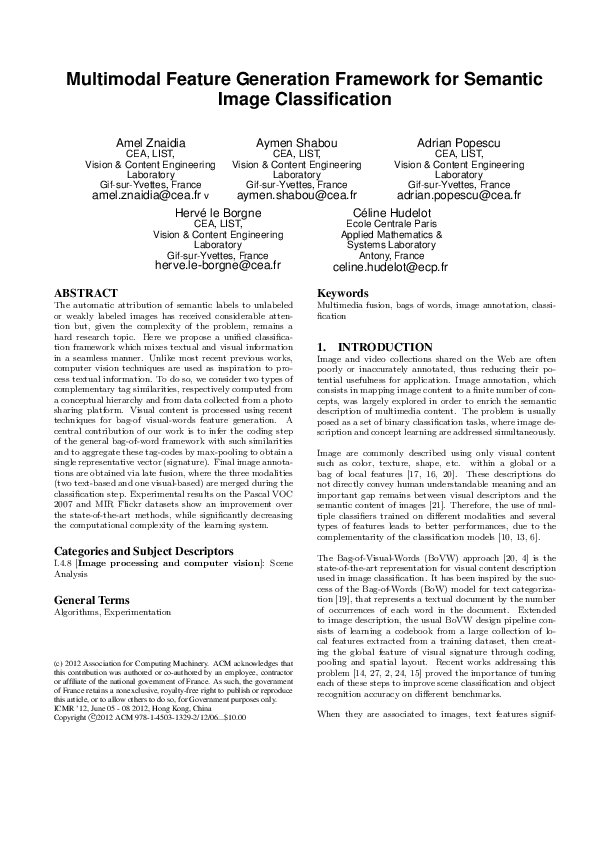 (PDF) Multimodal feature generation framework for semantic image classification | Celine Hudelot ...