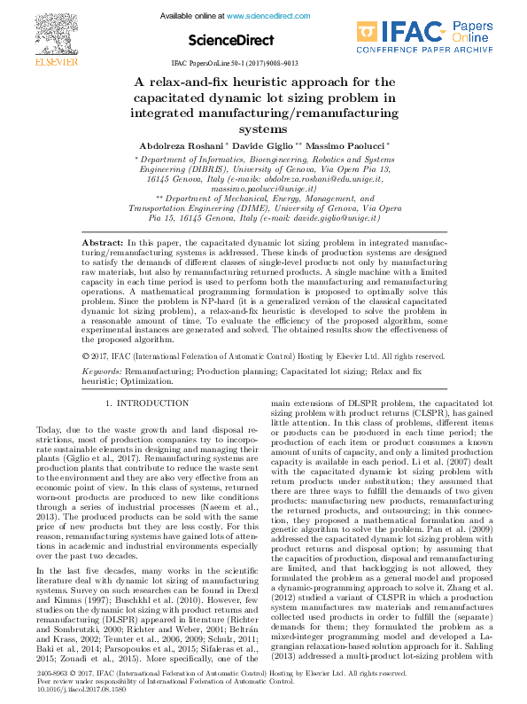 Pdf A Relax And Fix Heuristic Approach For The Capacitated Dynamic Lot Sizing Problem In