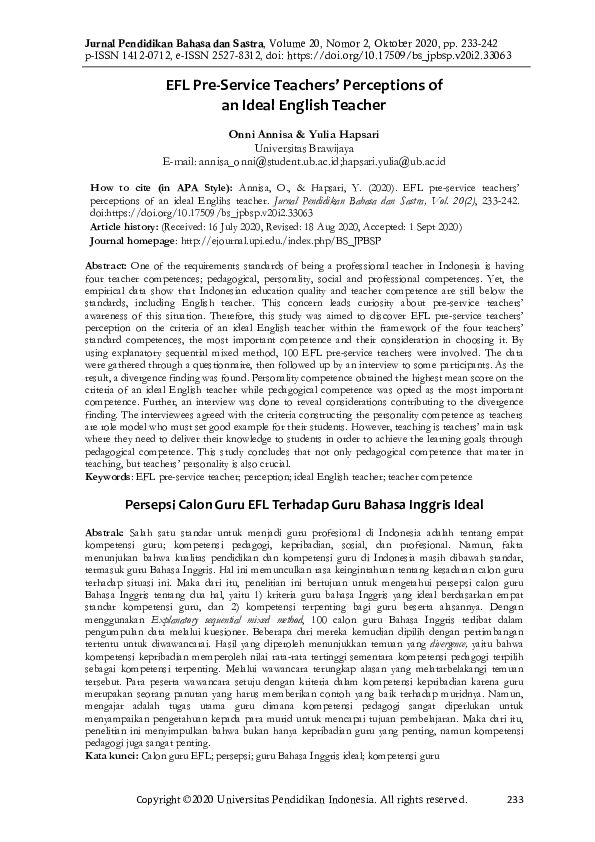 (PDF) Efl Pre-Service Teachers’ Perceptions of an Ideal English Teacher