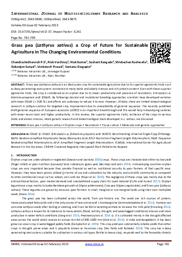 (PDF) Grass pea (Lathyrus sativus) a Crop of Future for Sustainable Agriculture in The Changing ...