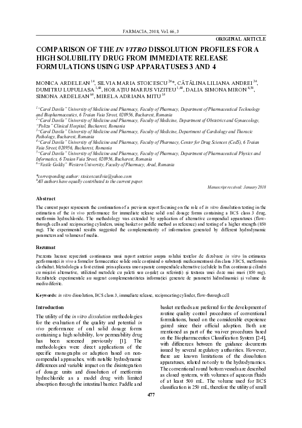 Pdf Comparison Of The In Vitro Dissolution Profiles For A High Solubility Drug From Immediate