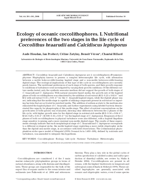 (PDF) Ecology of oceanic coccolithophores. I. Nutritional preferences ...