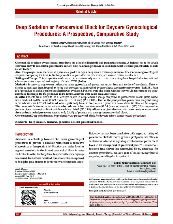 (PDF) Deep sedation or paracervical block for daycare gynecological ...
