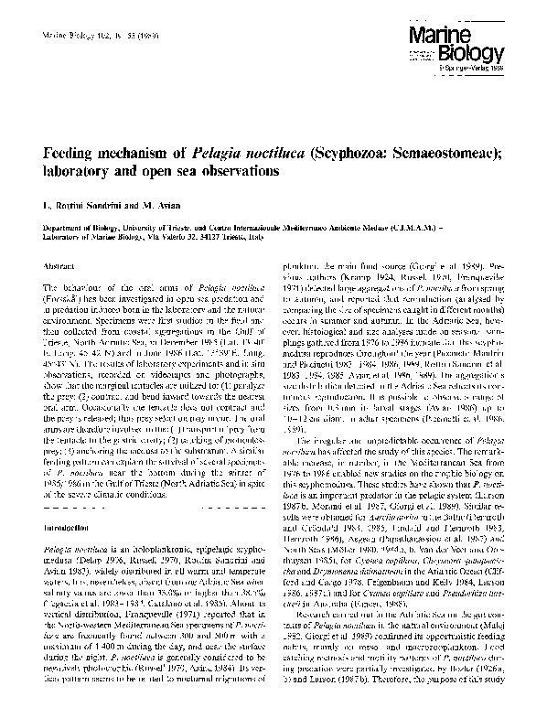 (PDF) Feeding mechanism of Pelagia noctiluca (Scyphozoa: Semaeostomeae); laboratory and open sea ...