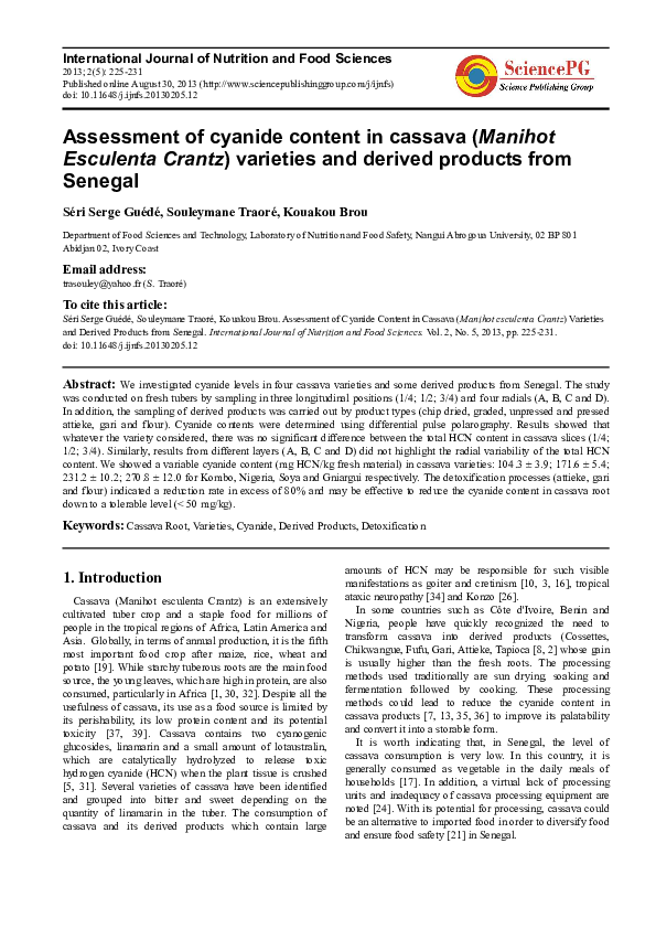 (PDF) Assessment of Cyanide Content in Cassava (Manihot esculenta Crantz) Varieties and Derived ...
