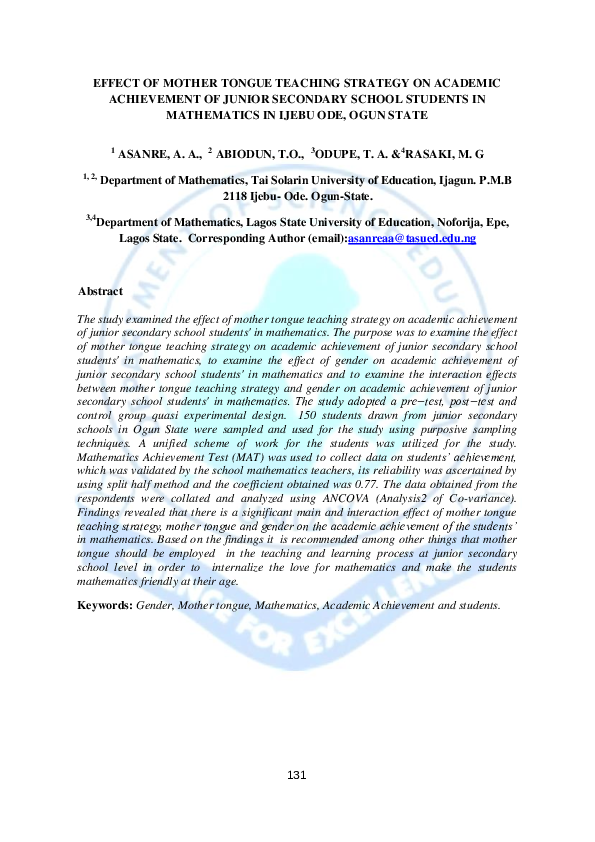(PDF) EFFECT OF MOTHER TONGUE TEACHING STRATEGY ON ACADEMIC ACHIEVEMENT OF JUNIOR SECONDARY ...
