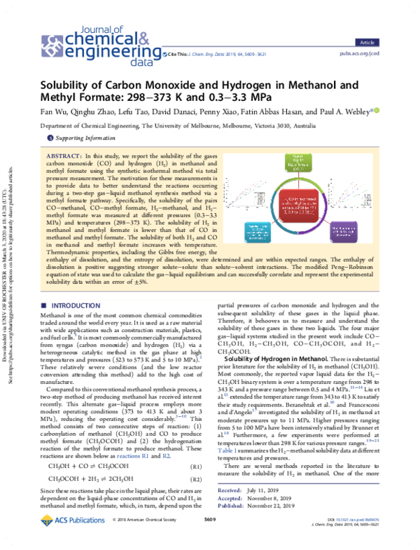 (PDF) Solubility of Carbon Monoxide and Hydrogen in Methanol and Methyl ...