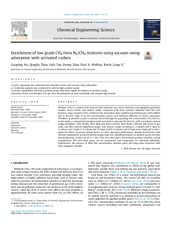(PDF) Enrichment of low grade CH4 from N2/CH4 mixtures using vacuum swing adsorption with ...