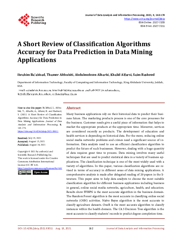 (PDF) A Short Review of Classification Algorithms Accuracy for Data ...