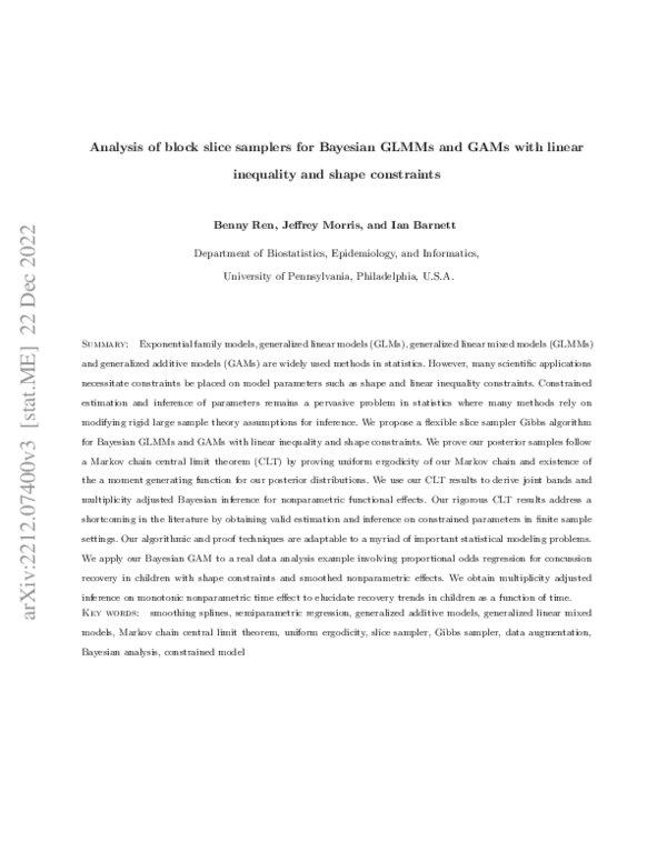 (PDF) Analysis of block slice samplers for Bayesian GLMMs and GAMs with linear inequality and ...