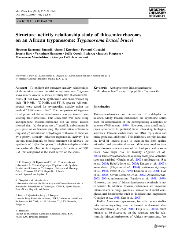 (PDF) Structure–activity relationship study of thiosemicarbazones on an ...