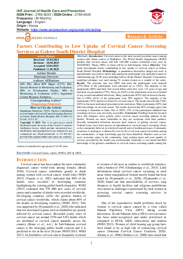 (PDF) Factors Contributing to Low Uptake of Cervical Cancer Screening ...