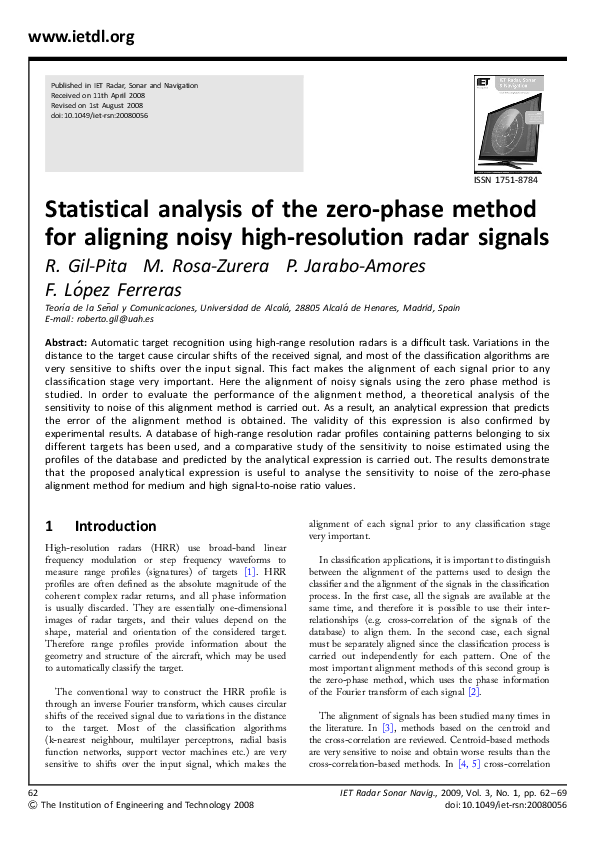 (PDF) Statistical analysis of the zero-phase method for aligning noisy high-resolution radar signals