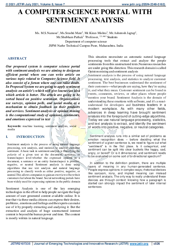 (PDF) Computer Science With Sentiment Analysis