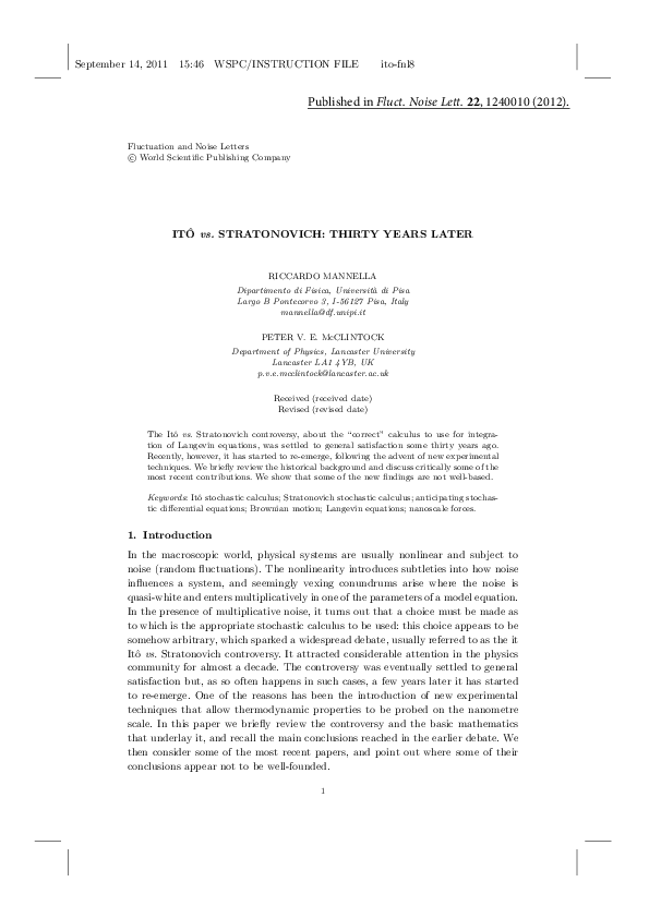 Pdf ItÔ Vs Stratonovich Thirty Years Later