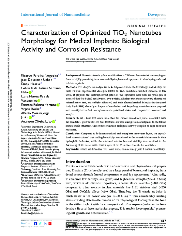 (PDF) Characterization of Optimized TiO2 Nanotubes Morphology for ...