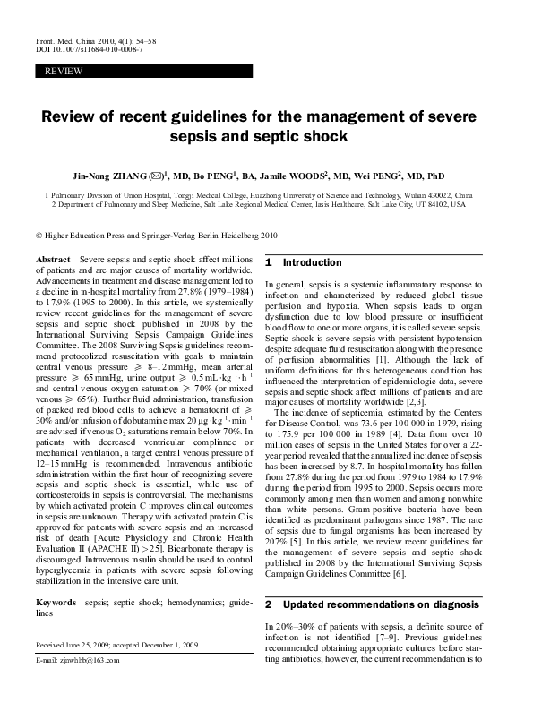 (PDF) Review of recent guidelines for the management of severe sepsis ...